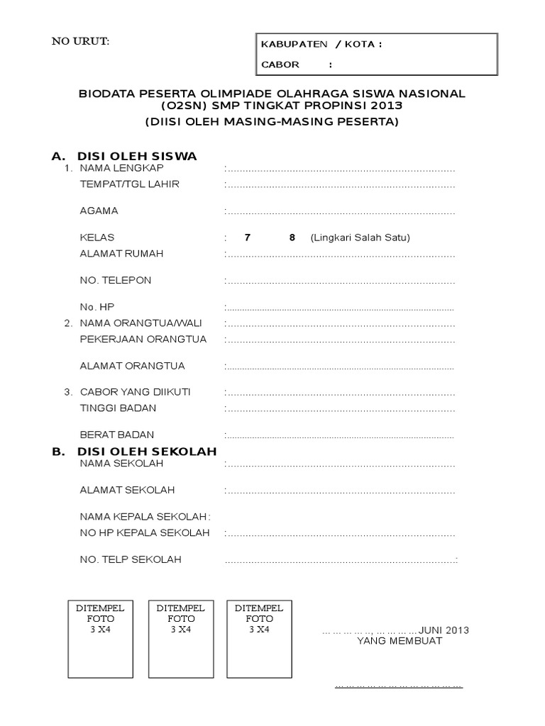 Biodata Peserta O2sn Dan Fls2n 2013 | PDF