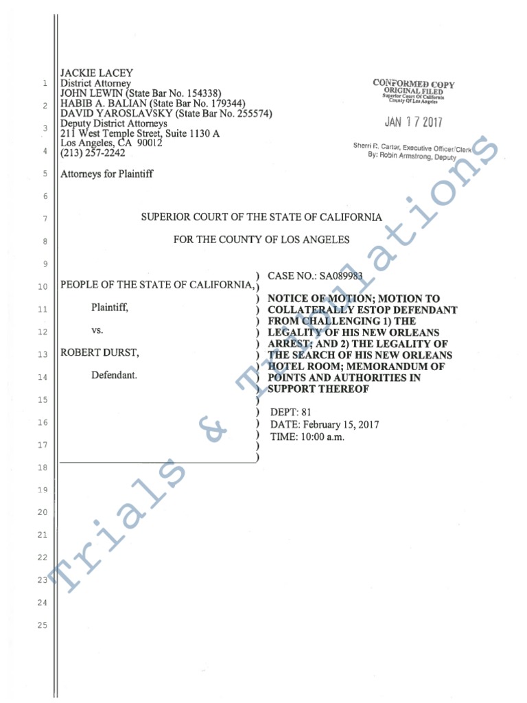 Robert Durst People's Motion Collateral Estoppel | PDF | Collateral ...