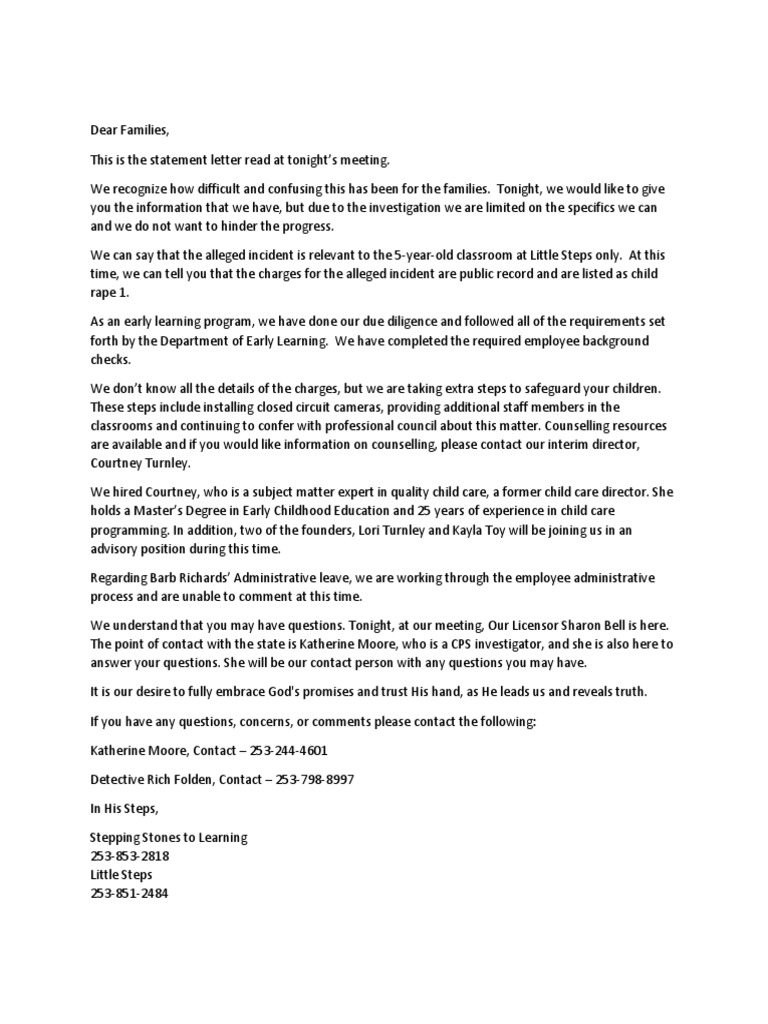 Letter To Little Steps Families | PDF