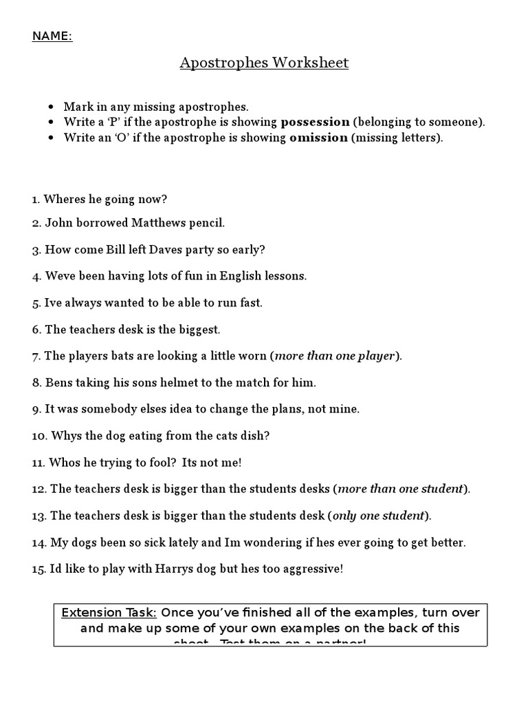 Apostrophes Worksheet | PDF