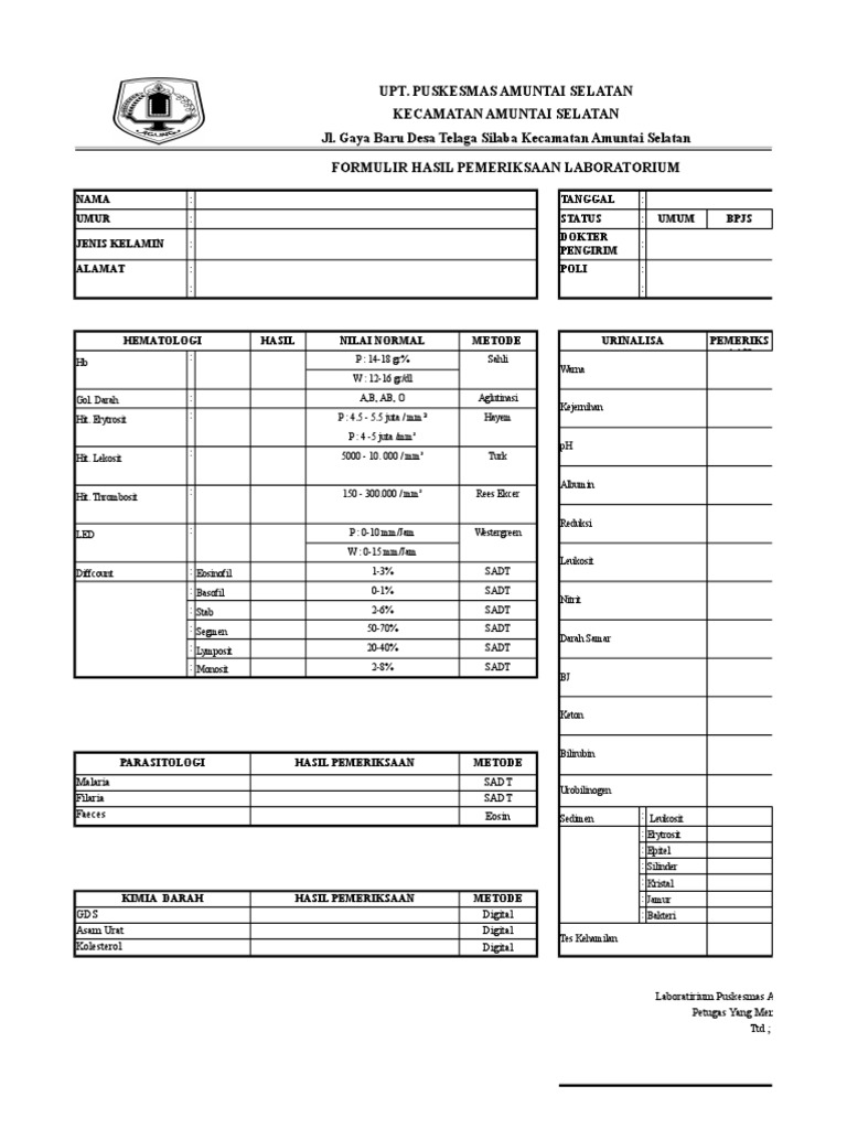 Form. Hasil Pemeriksaan Lab. | PDF