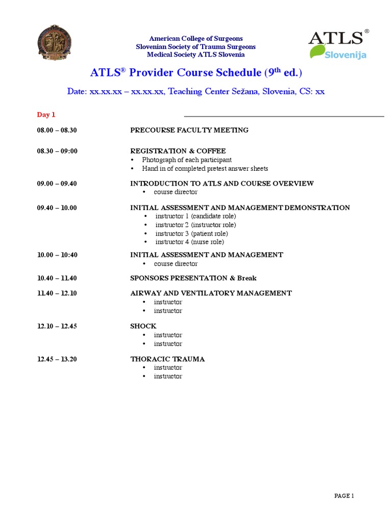 Atls Provider Course Schedule (9 Ed.) : Date: XX - XX.XX - XX - XX.XX ...