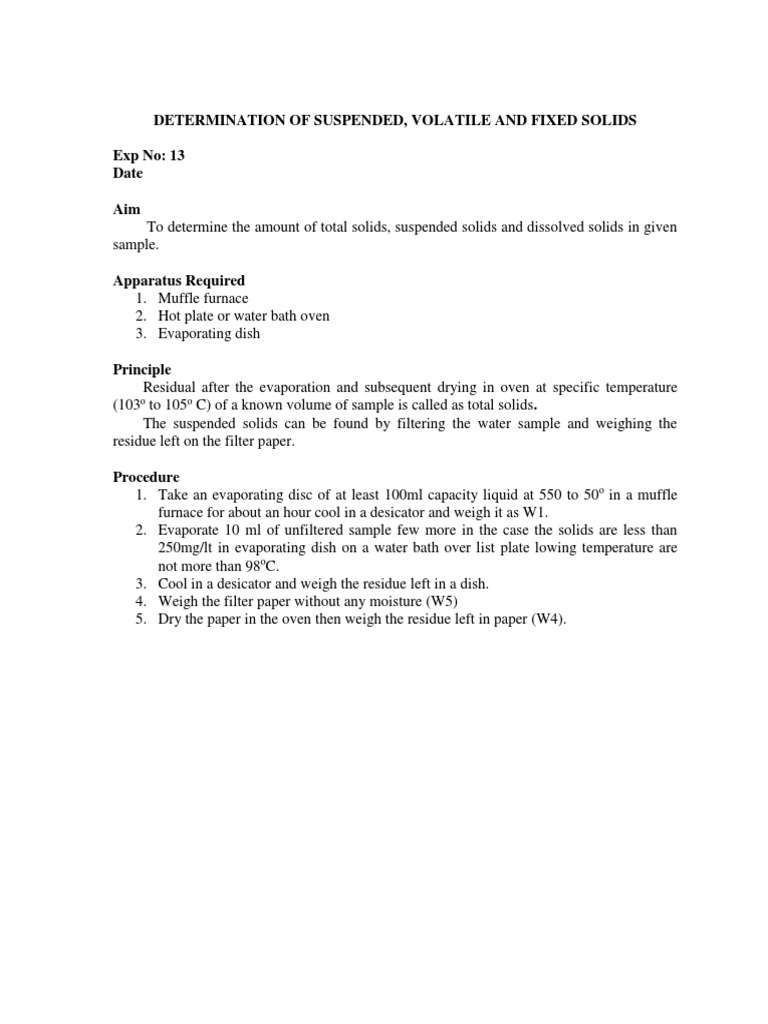 Determination of Suspended, Volatile and Fixed Solids | PDF