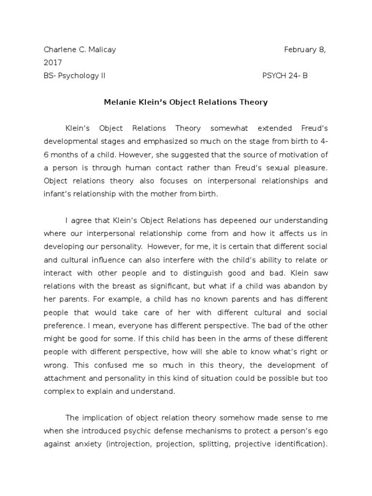 Melanie Klein's Object Relations Theory | PDF | Object Relations Theory | Metaphysics Of Mind
