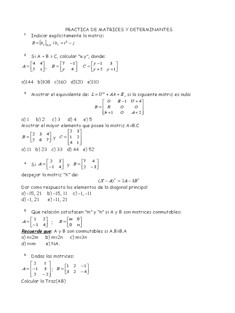Ejercicios de Matrices y Determinantes | PDF | Determinante | Matriz ...