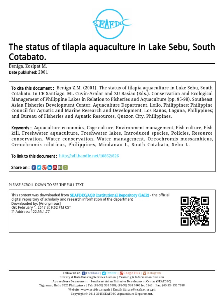 Aquaculture Status in Lake Sebu, South Cotabato | PDF | Aquaculture | Fish