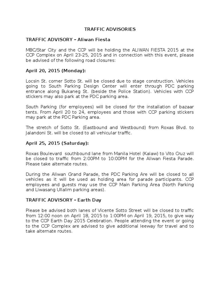 Traffic Advisories TRAFFIC ADVISORY - Aliwan Fiesta | PDF