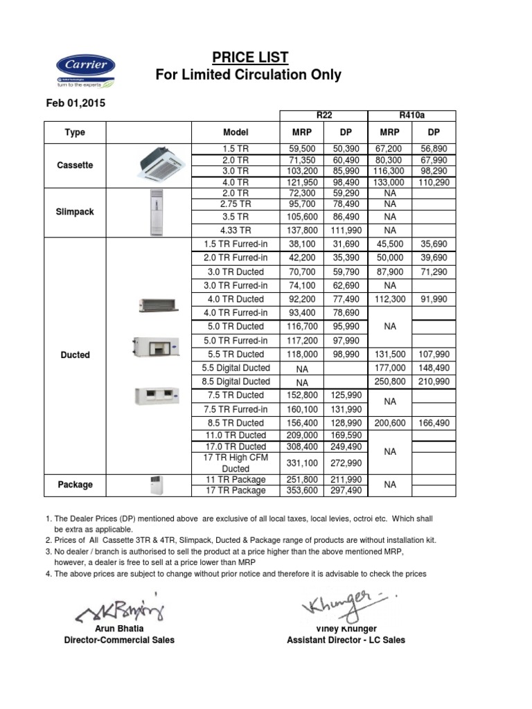 Carrier LC Price List Feb'15 | Government Finances | Taxes
