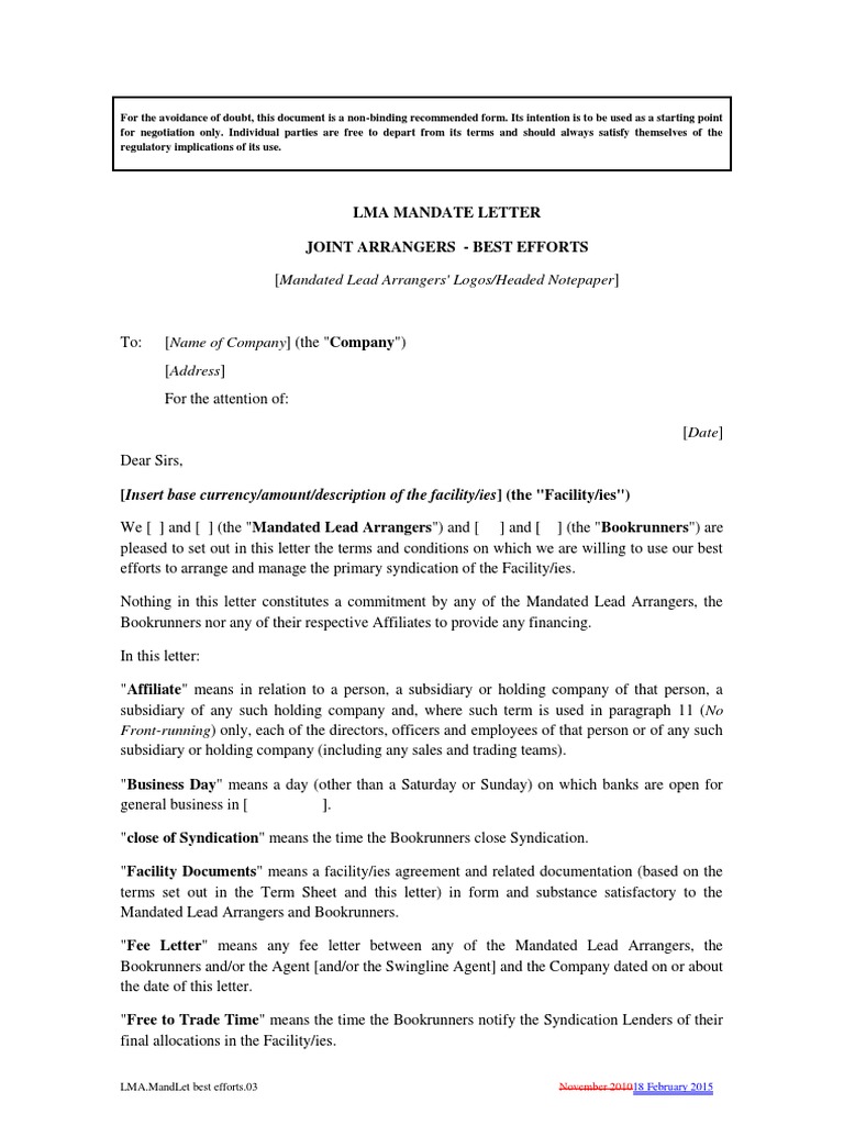 Mandate Letter Best Efforts | Syndicated Loan | Indemnity