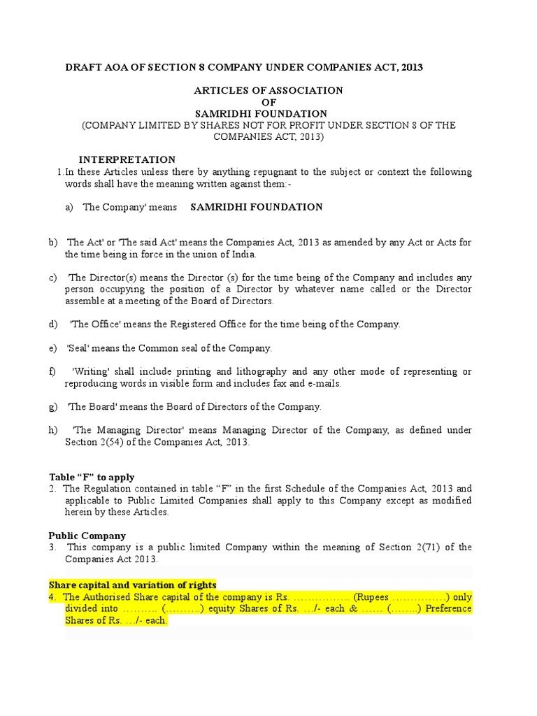 Samridhi Foundation Draft Aoa | PDF | Proxy Voting | Board Of Directors