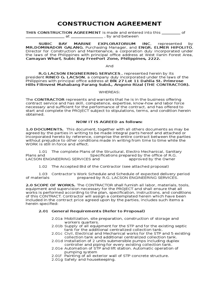 Construction Agreement - STP (Final Revised) | PDF | General Contractor | Specification ...