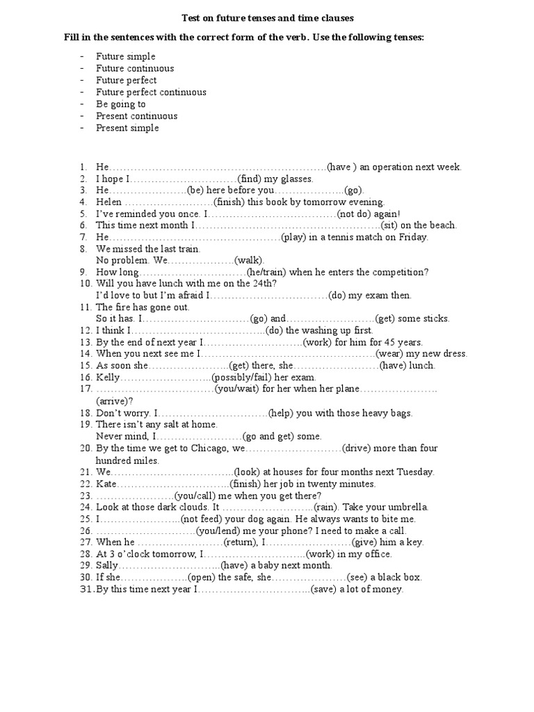 Future Tenses and Time Clauses Practice Test: Preparing for an Exam on ...