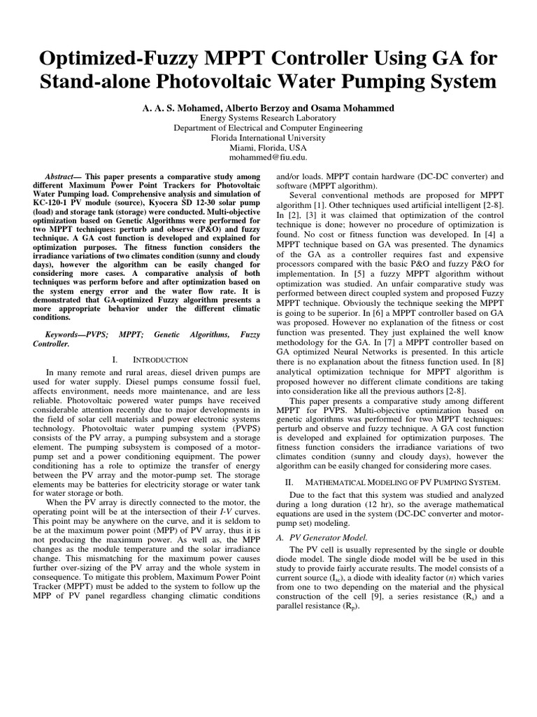 Optimized-Fuzzy MPPT Controller Using GA For Stand-Alone Photovoltaic ...