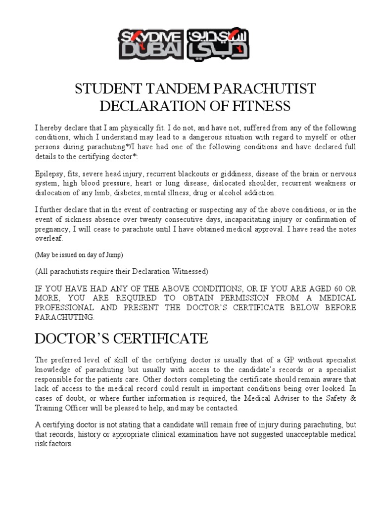Skydive Dubai Medical Form 2016 | Parachuting | Physician