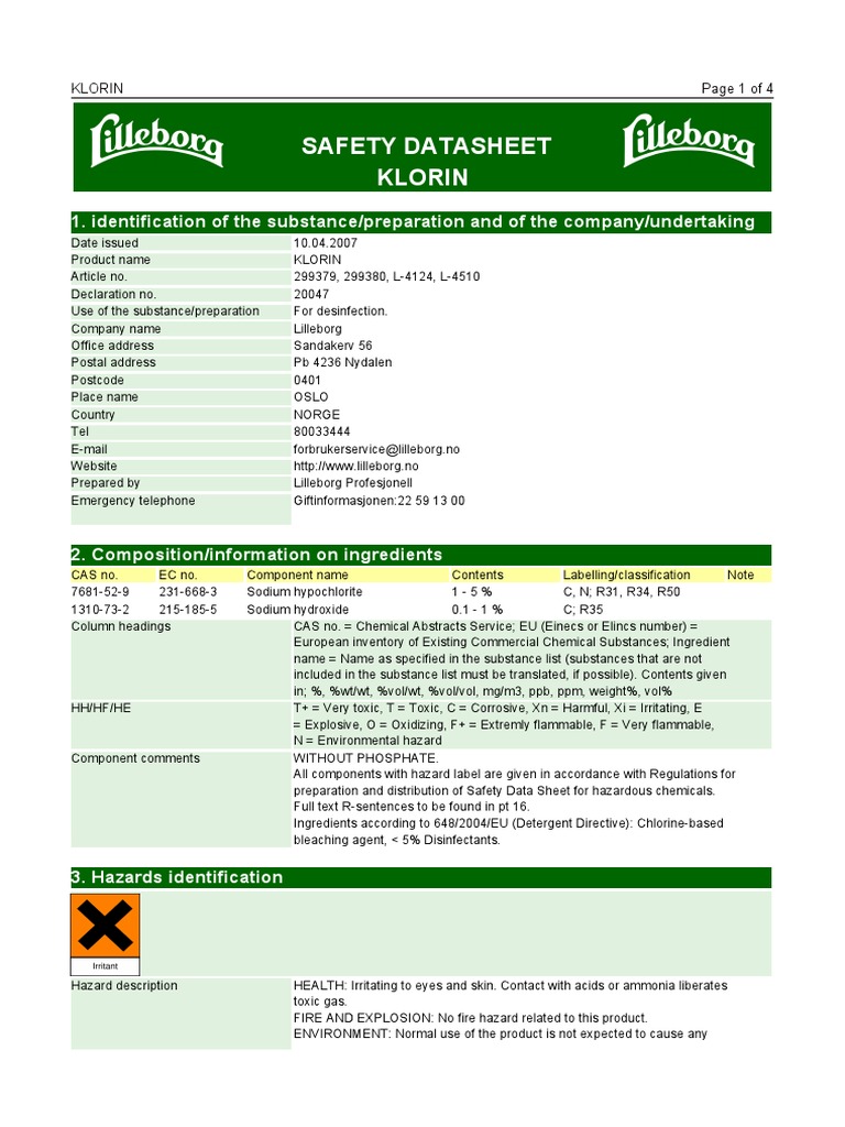 KLORIN Safety Datasheet | PDF | Chlorine | Ammonia