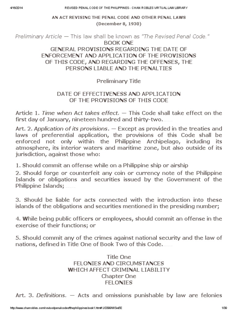 REVISED PENAL CODE OF THE PHILIPPINES - BOOK ONE.pdf | Crimes | Crime ...