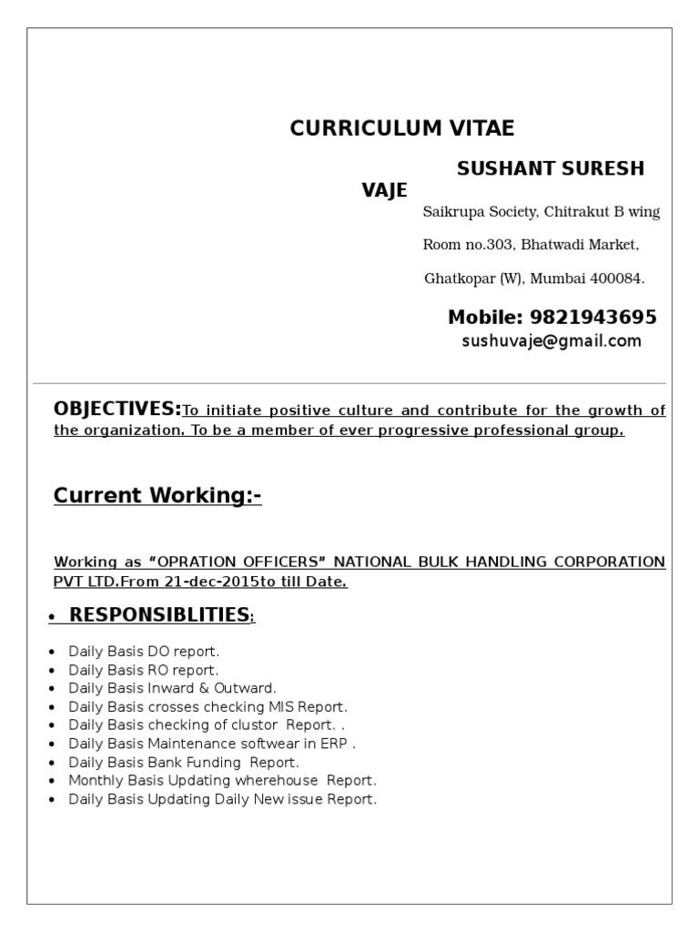 Curriculum Vitae: Sushant Suresh Vaje | PDF