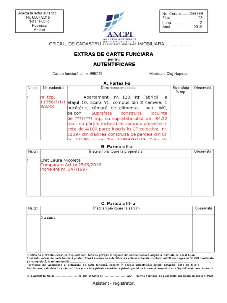 Cerere Extras Carte Funciara | Extras De Carte Funciara Pentru ...