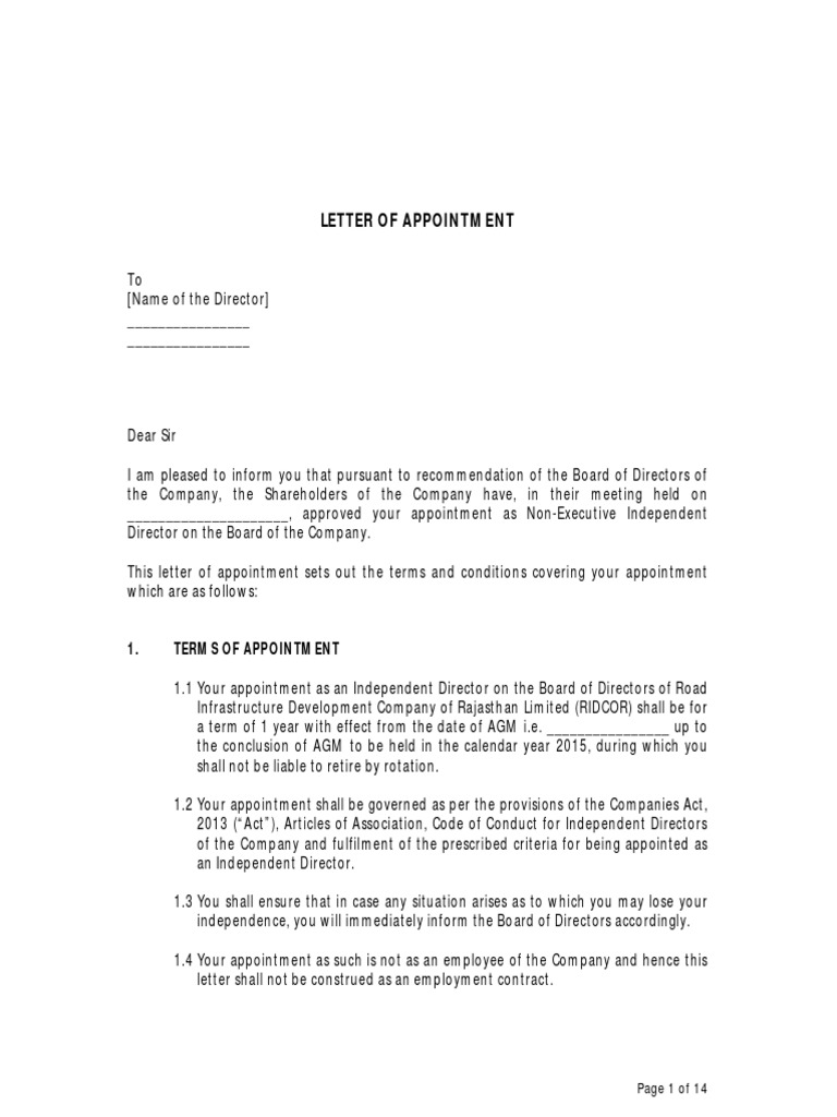 Letter of Appointment - Independent Director | PDF | Board Of Directors ...