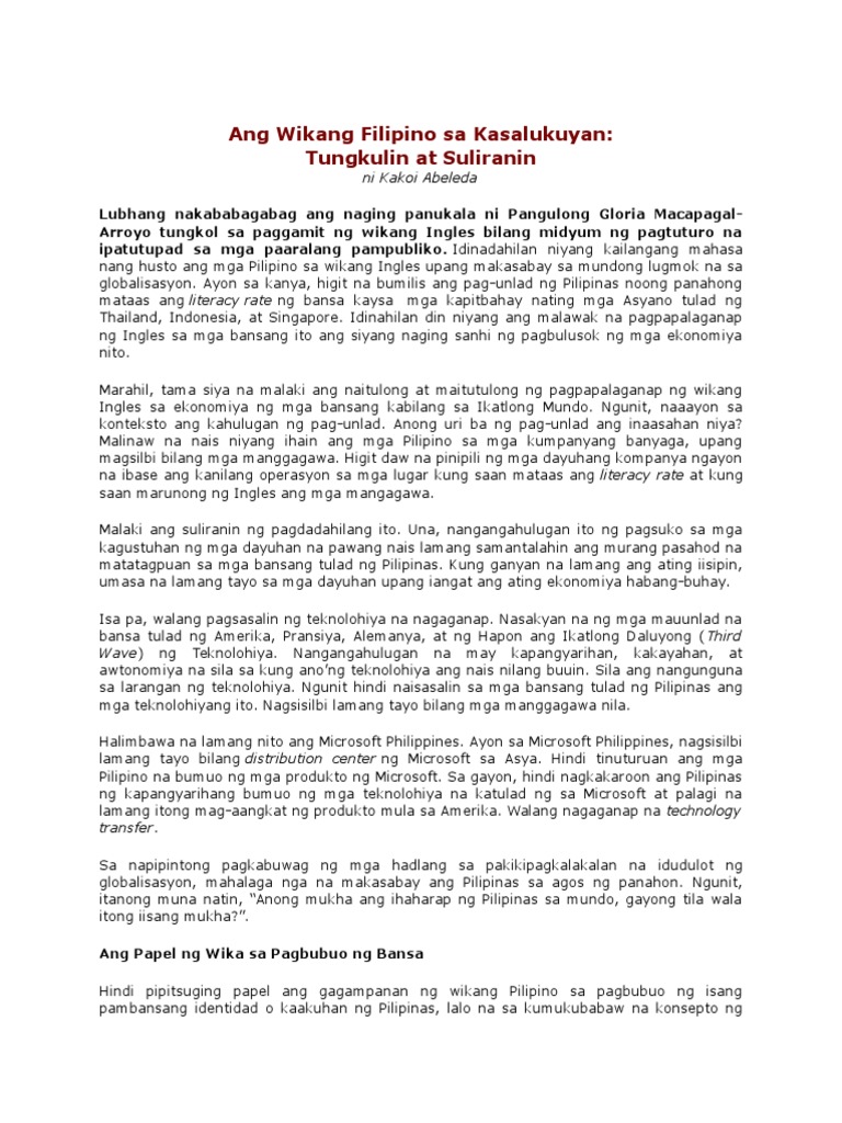 Ang Wikang Filipino Sa Kasalukuyan | PDF