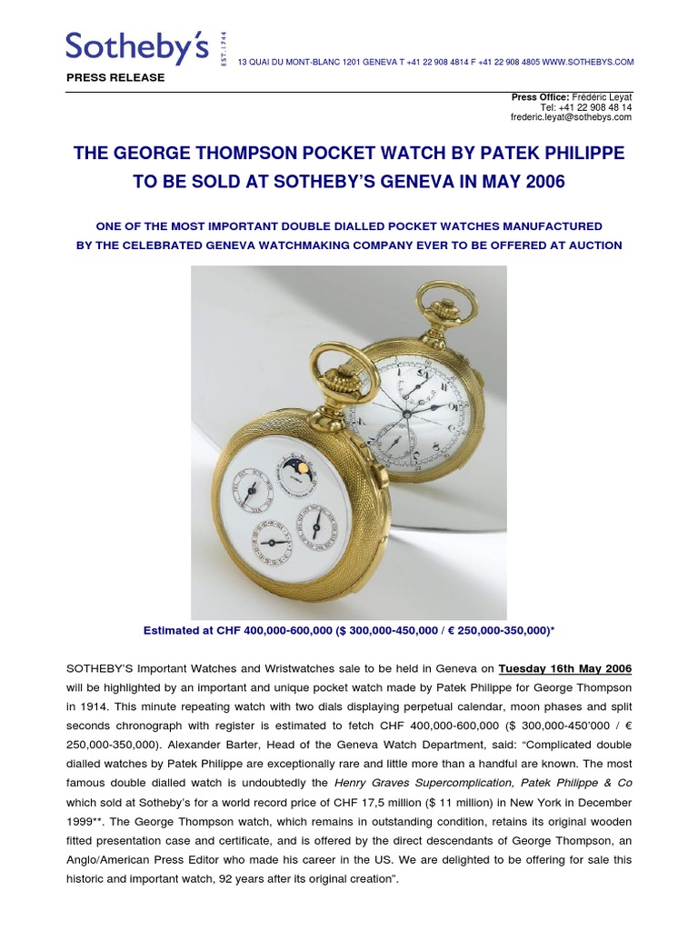 Patek Philippe - George Thompson Pocket Watch (No. 174 480) | PDF ...