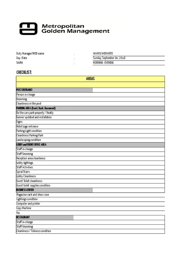 Manager On Duty Checklist: Ensuring Quality Standards Across Hotel ...