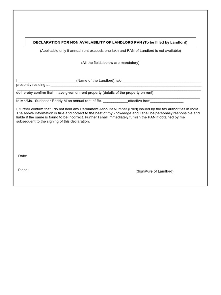 Declaration For Non Availability of Landlord Pan (To Be Filled by ...