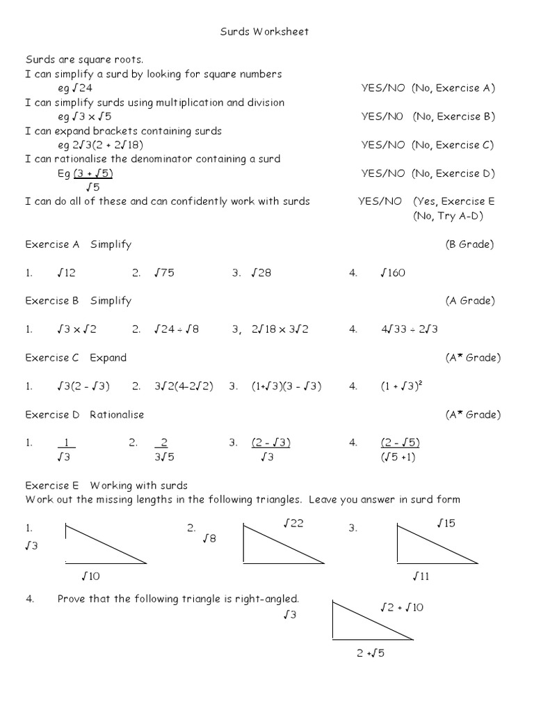 Surds Worksheet | PDF | Elementary Mathematics | Teaching Mathematics