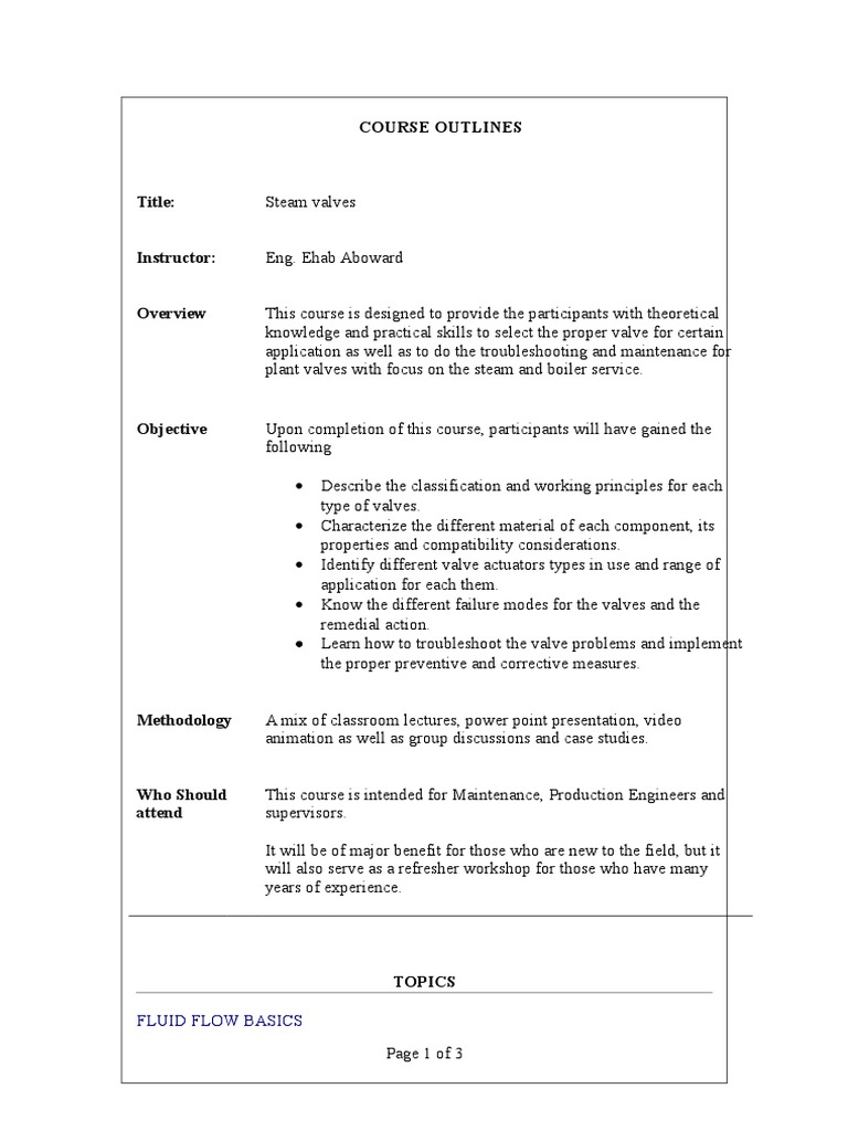 Course Outlines: Fluid Flow Basics | PDF | Valve | Actuator