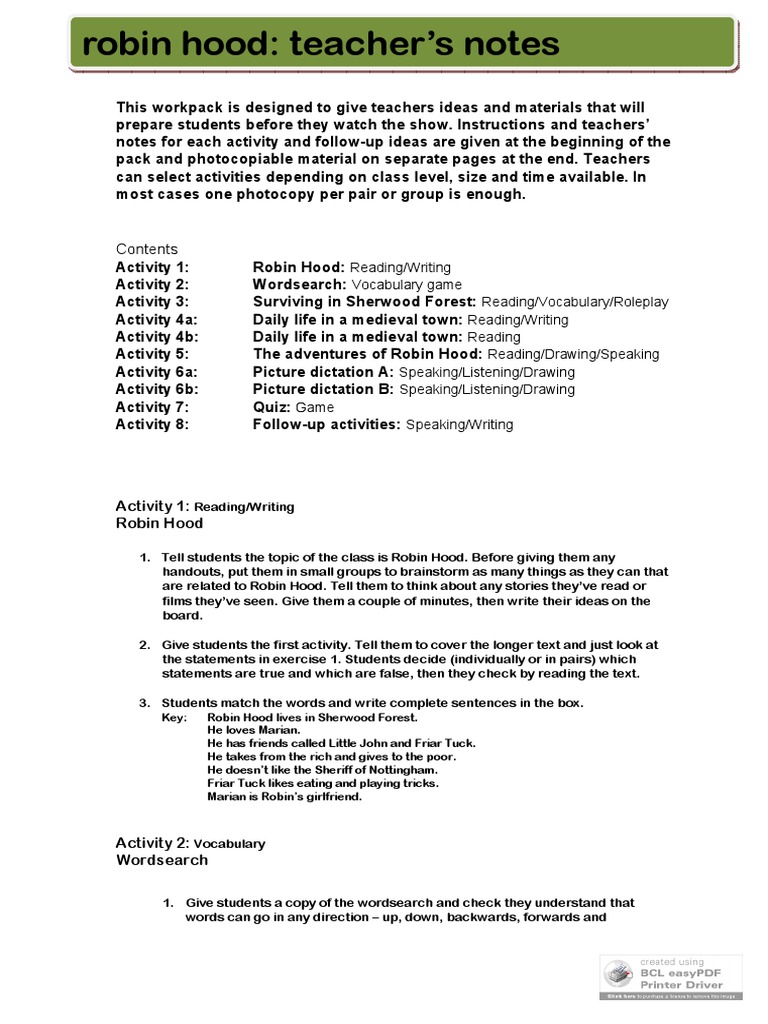 Robin Hood Teacher's Guide | PDF | Robin Hood | Word Search