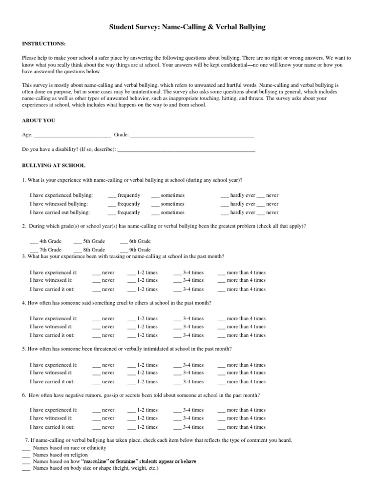 Student Survey on Verbal Bullying | PDF | Bullying | Survey Methodology