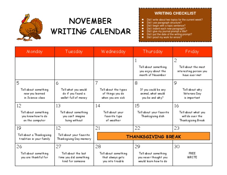 November Writing Calendar: Monday Tuesday Wednesday Thursday Friday ...