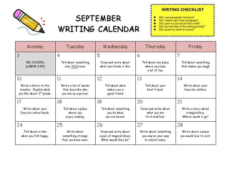 September Writing Calendar: Monday Tuesday Wednesday Thursday Friday 3 ...