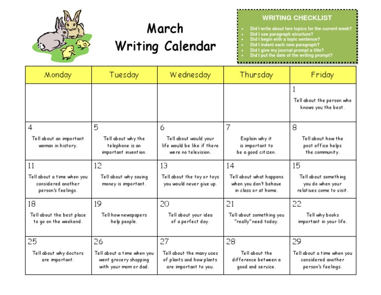 March Writing Calendar: Monday Tuesday Wednesday Thursday Friday 1 ...