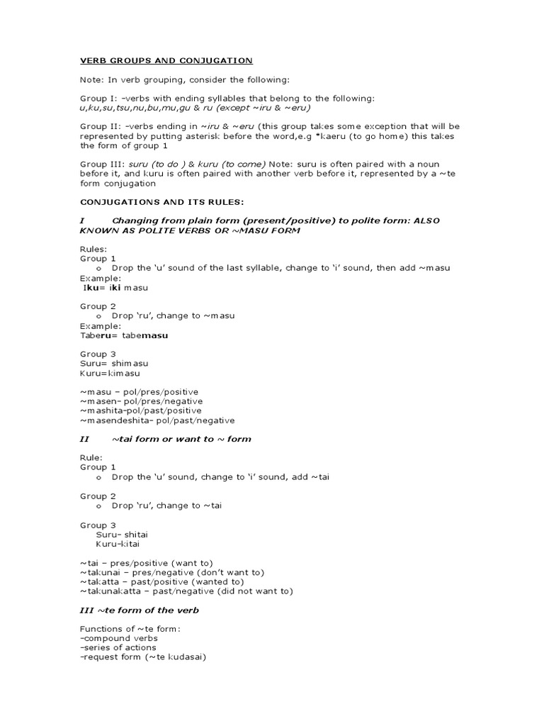 Verb Groups And Conjugation Basic Conjugations Pdf Grammatical