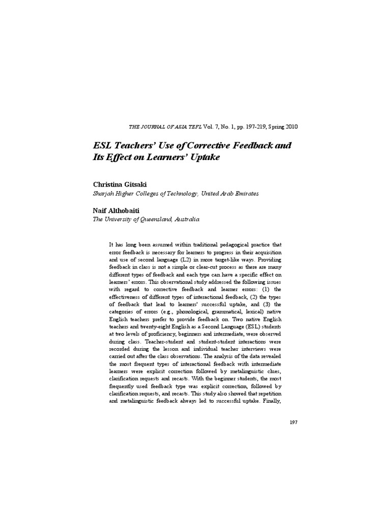 ESL Teachers Use of Corrective Feedback and Its Effect On Learners ...
