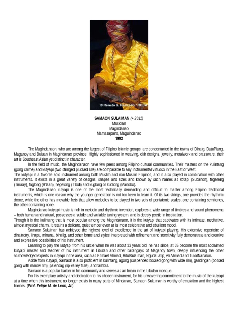 Master kutyapi musician Samaon Sulaiman of Magindanao | PDF | Musical ...