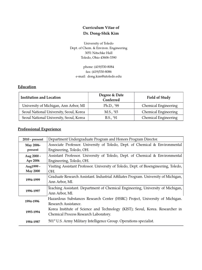 Curriculum Vitae of Dr. Dong-Shik Kim: Institution and Location Degree ...