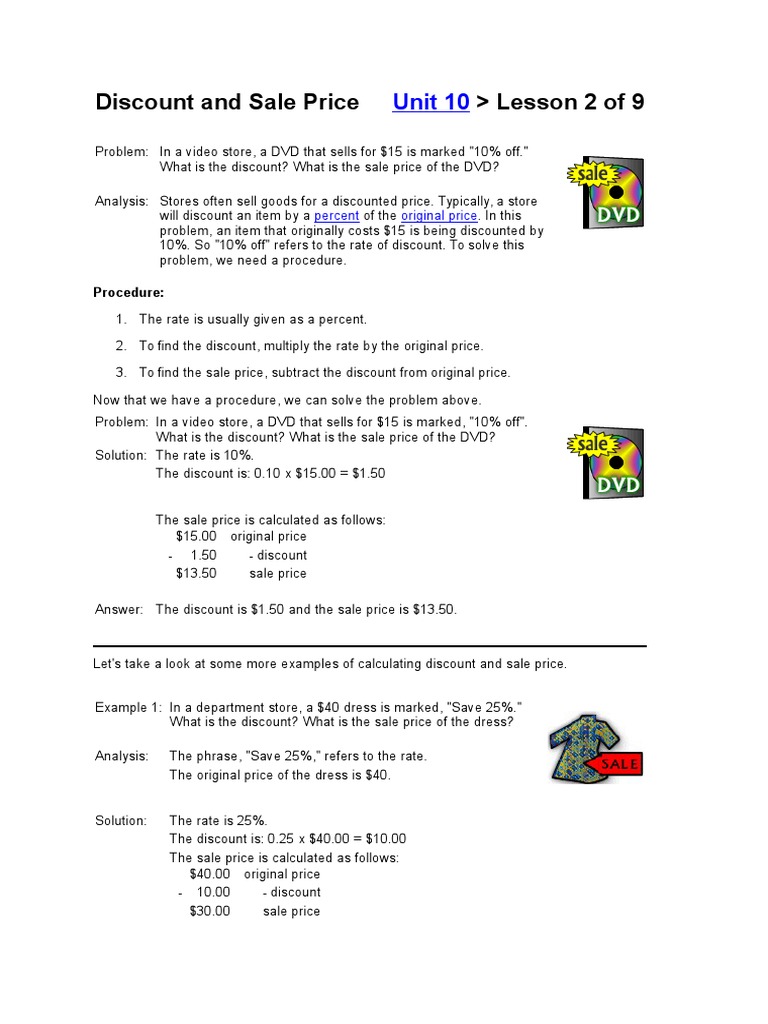 Discount and Sale Price Lesson 2 of 9: Unit 10 | PDF | Discounts And ...