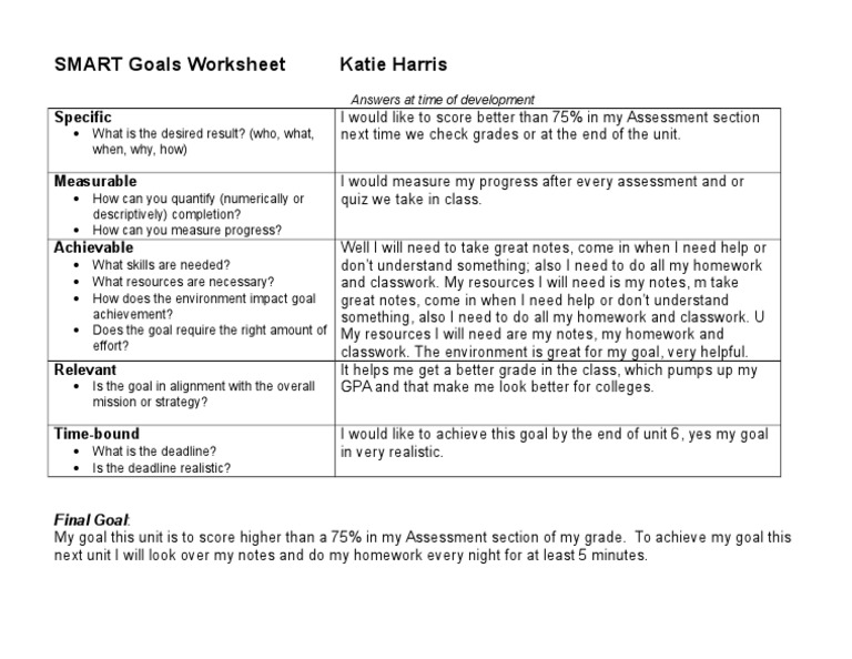 Smart Goals Worksheet Unit 6 | PDF
