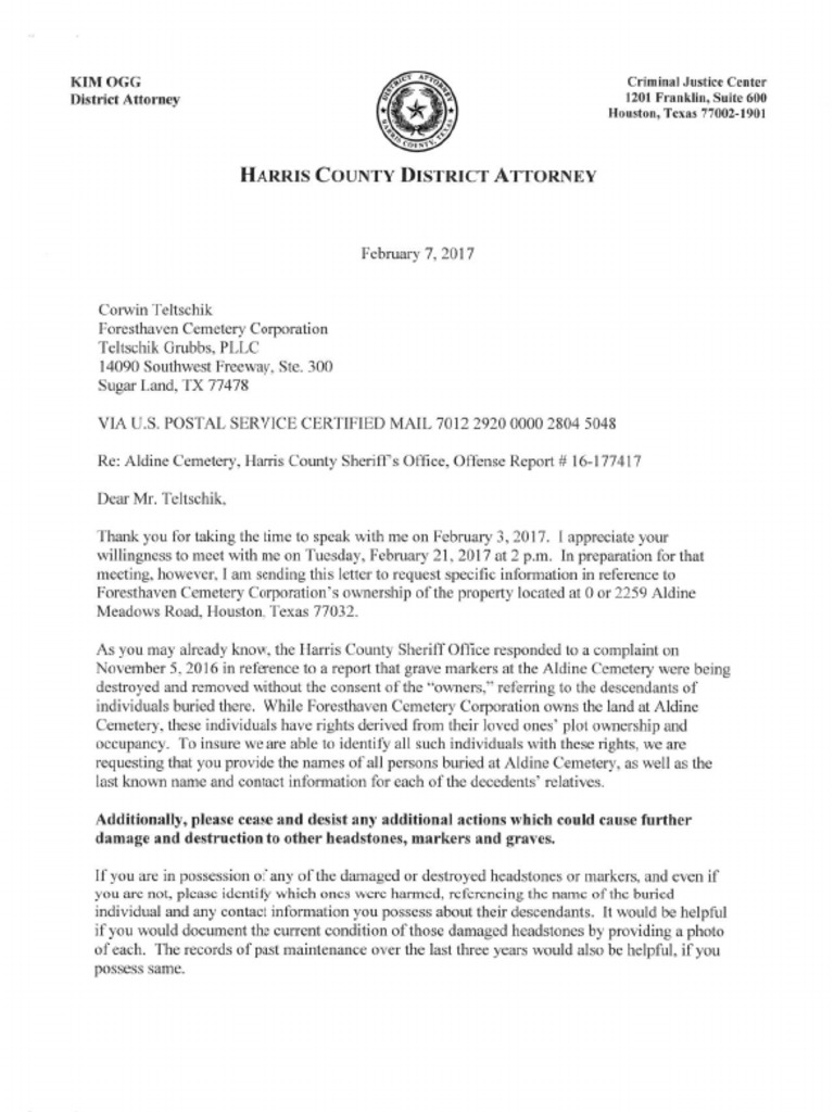 Aldine Cemetery Letter | Funeral | Memorial