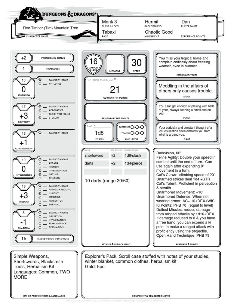 Character Sheet - Alternative - Tabaxi Monk | Gaming | Role Playing Games
