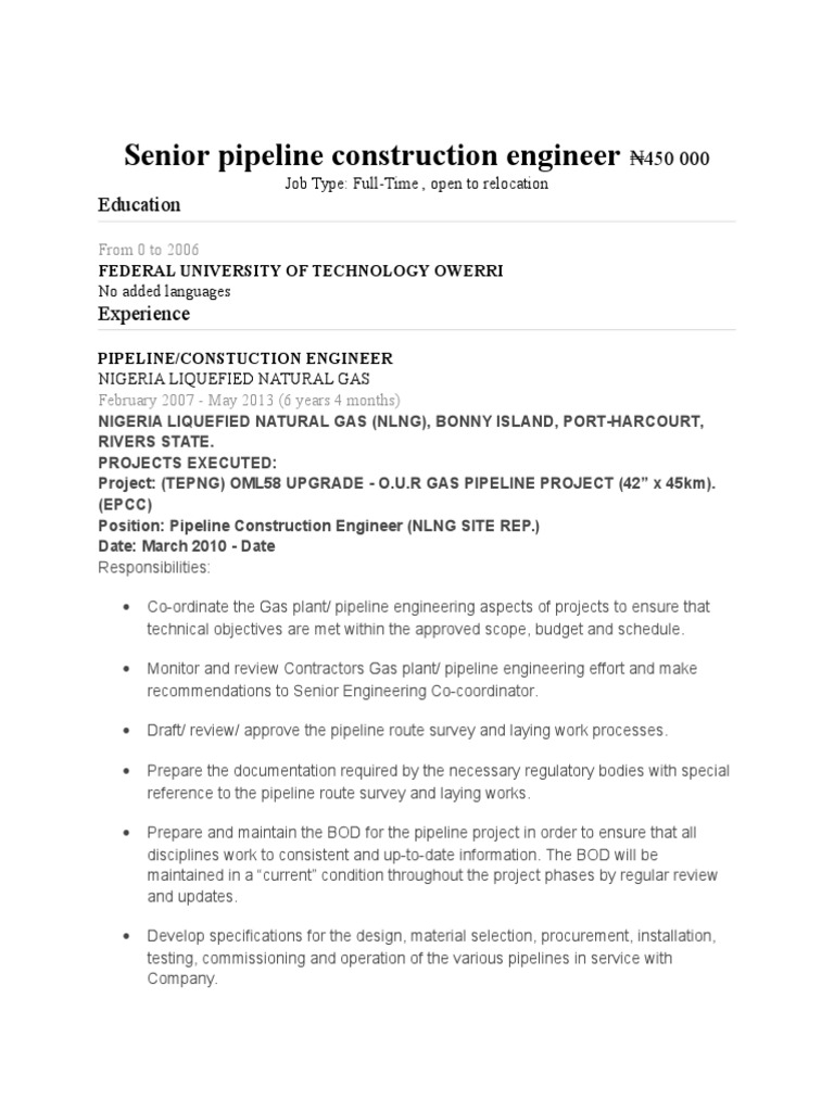 Senior Pipeline Construction Engineer Opportunity with Extensive ...