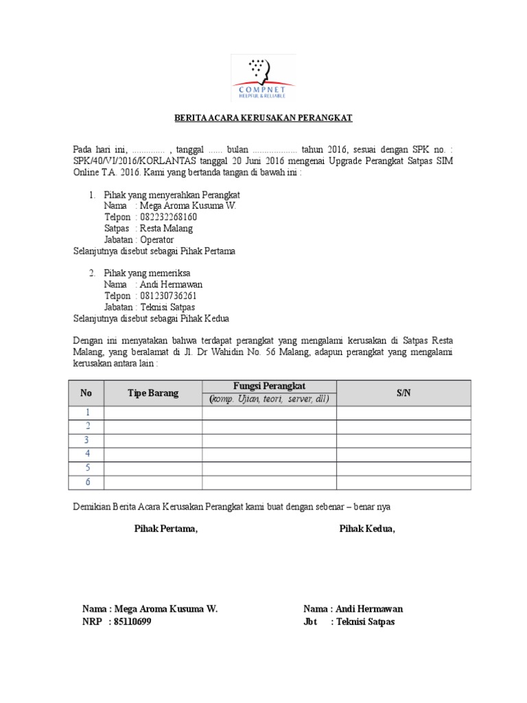 Form BA Kerusakan Perangkat | PDF