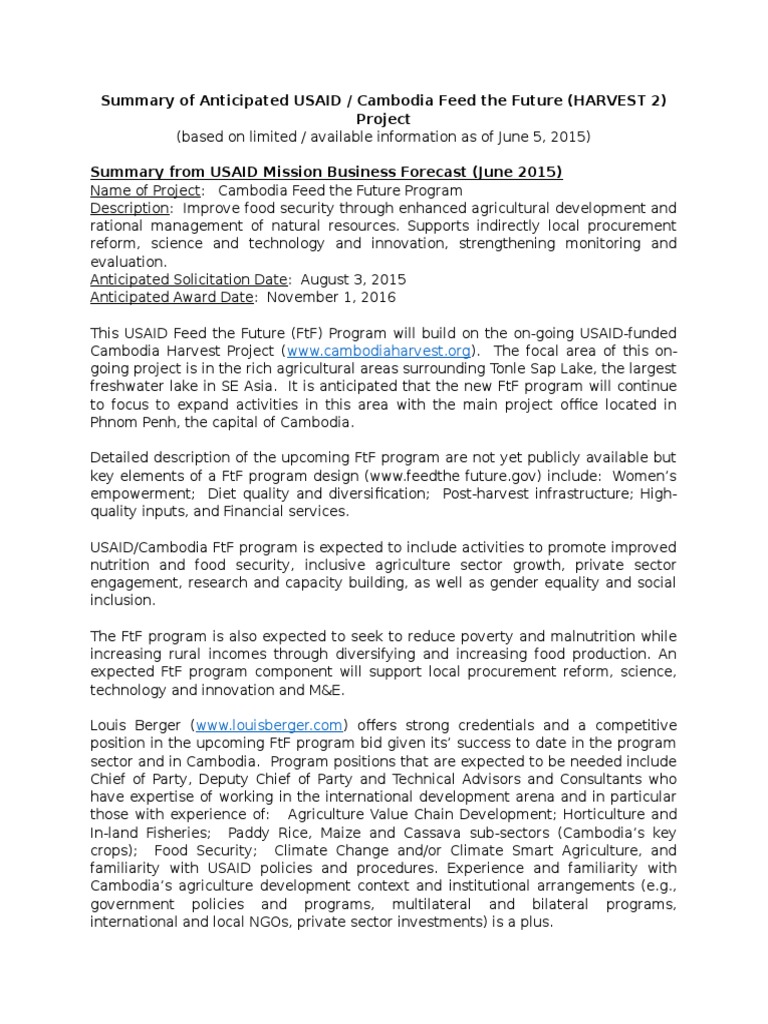 Summary of Anticipated USAID Cambodia Feed The Future Project - June 5 ...