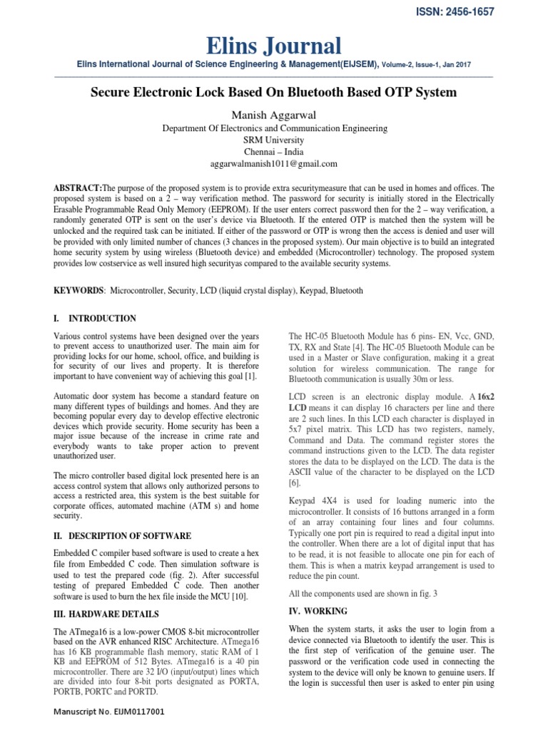 Secure Electronic Lock Based On Bluetooth Based OTP System | PDF ...
