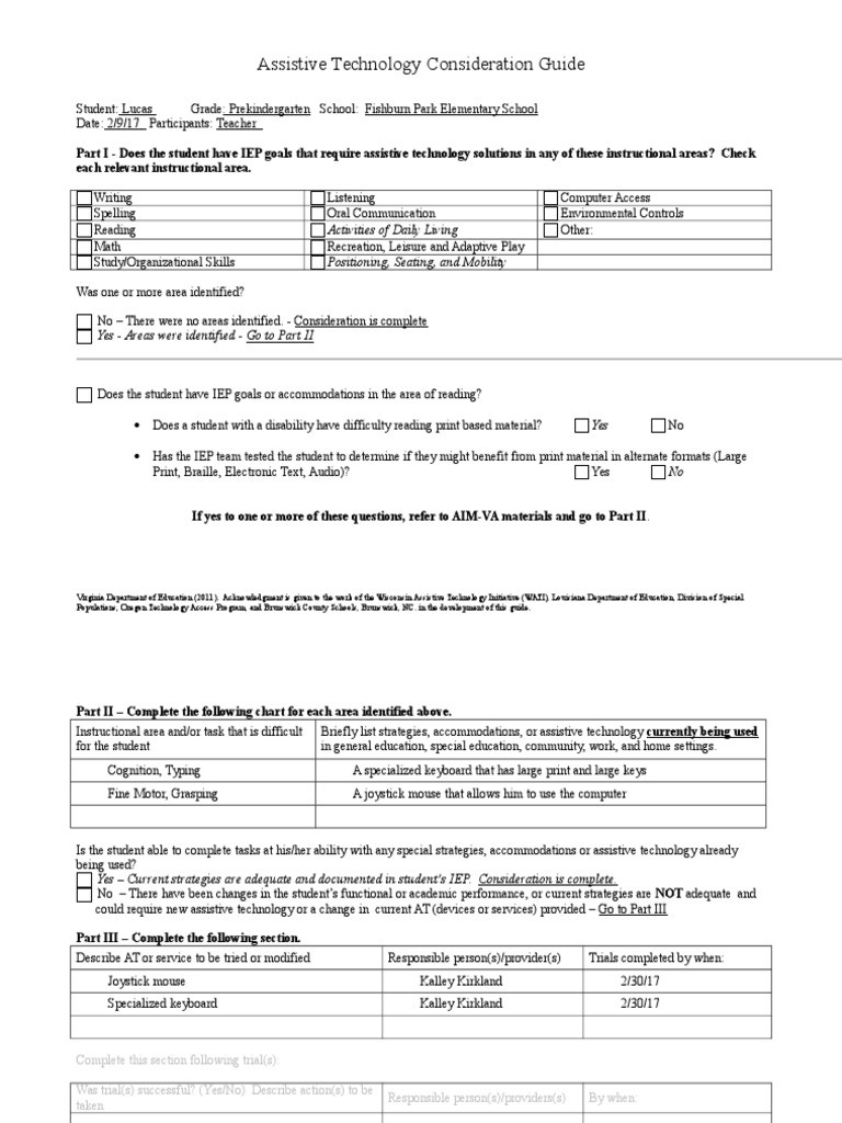 Assistive Technology Consideration Guide | PDF | Individualized ...