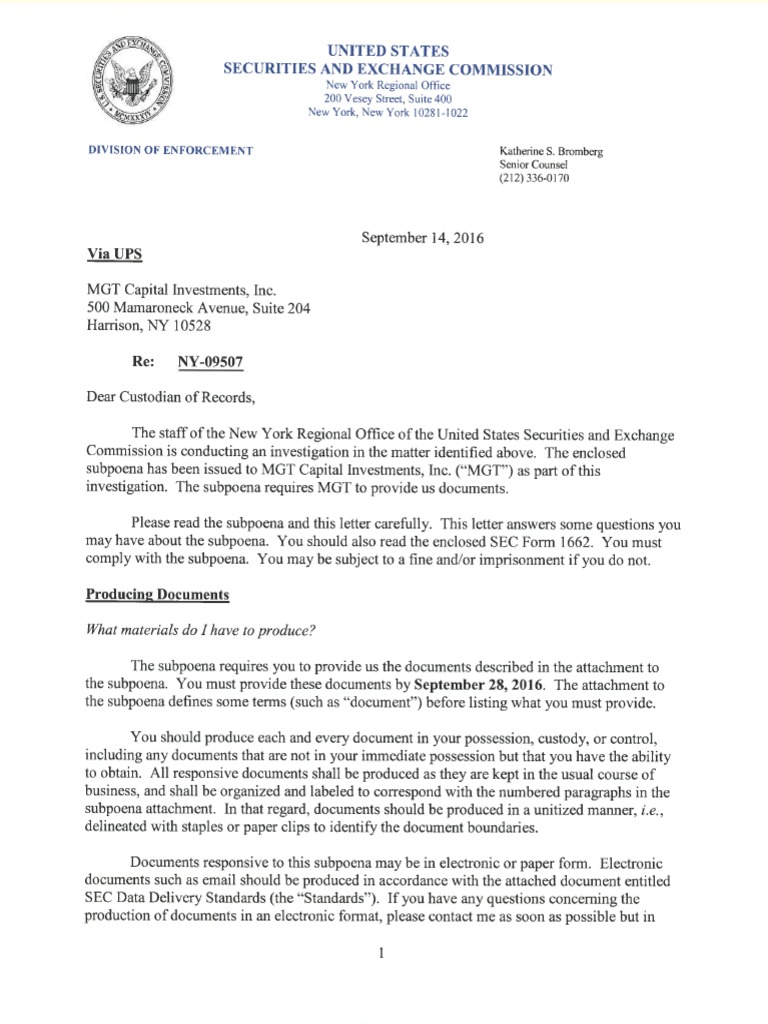 SEC Subpoena MGT Capital September 2016 | PDF | Financial Institutions ...