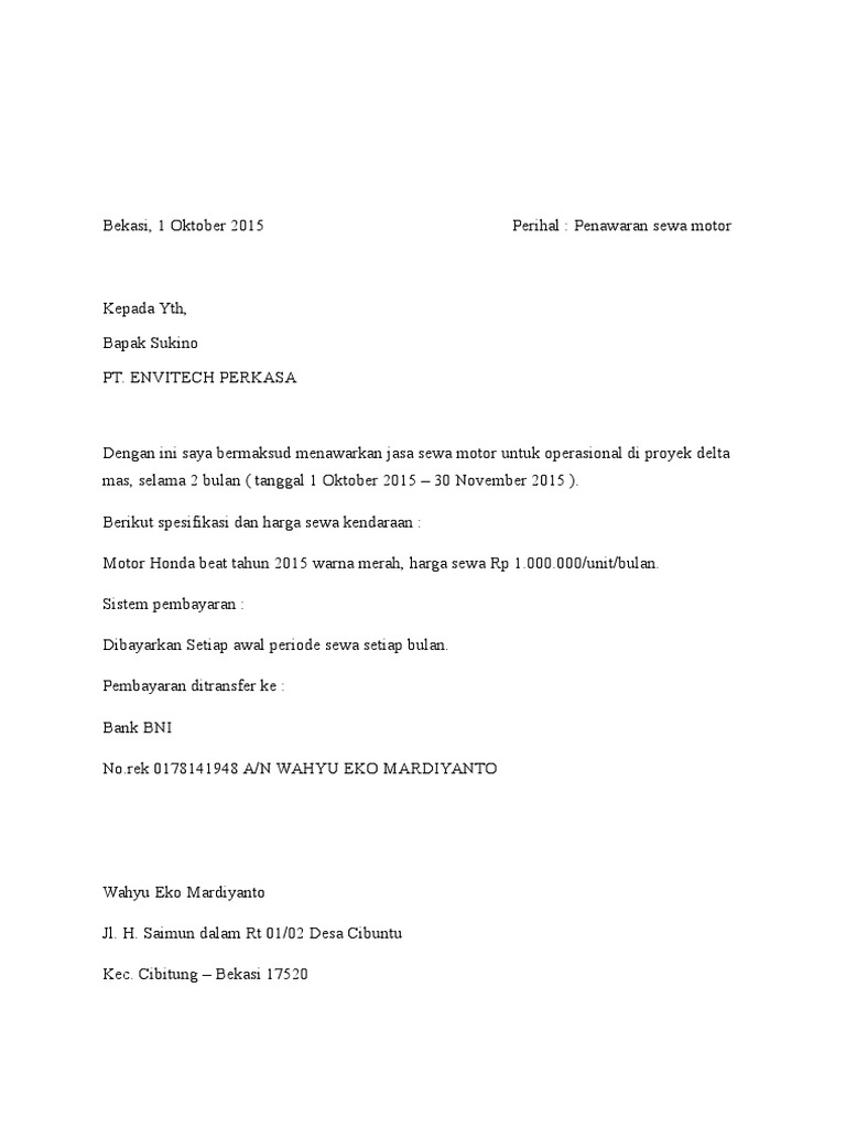 Surat Penawaran Sewa Motor | PDF