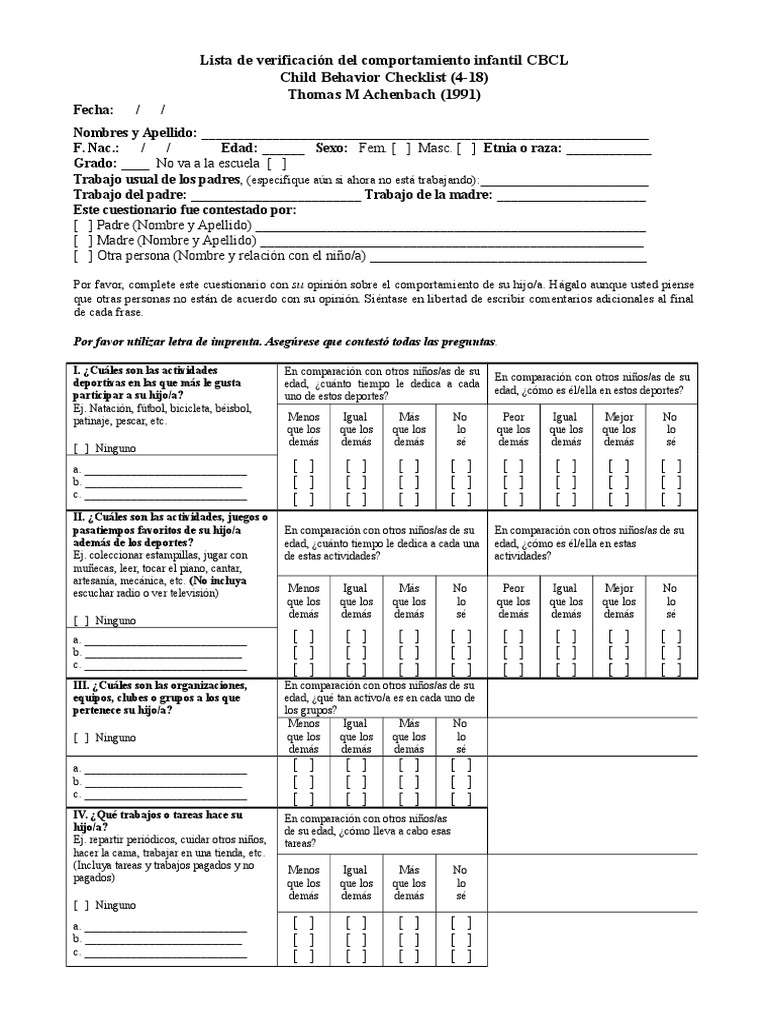 Lista de Verificación Del Comportamiento Infantil CBCL | Bienestar
